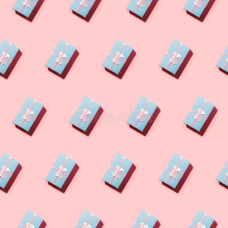 Open Composition of Many Blue Pastel Gift Boxes on Pink in Diagonal ...