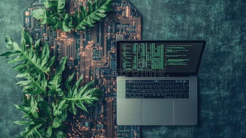 Open Computer Displaying Digital Data with Green Leaves Placed on ...