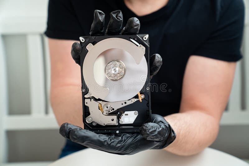 Open Computer Hard Drive in Hands in Black Gloves. Stock Image - Image ...