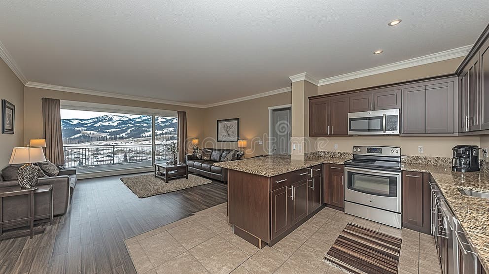 Open-concept Condo with Mountain Views Stock Illustration ...