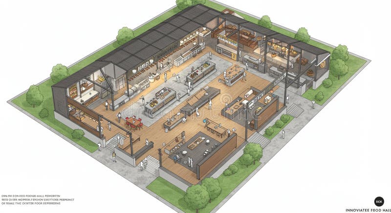 Open-concept Food Hall Featuring Various Food Stalls and Dining Areas ...