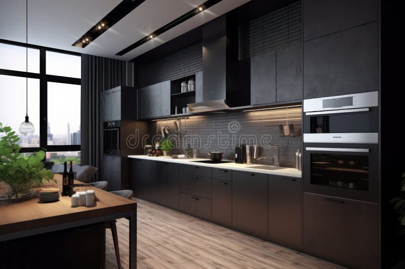Open-concept Kitchen in a Dark Loft Style with Big Windows for a Bright ...