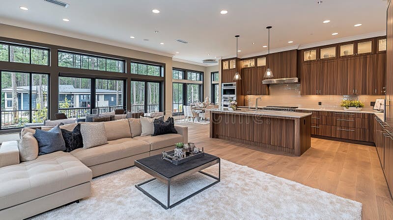 Open-concept Living Area with Modern Kitchen. Large Windows Overlooking ...