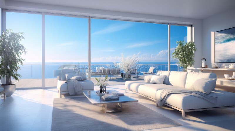Open Concept Living Room in a House Overlooking the Ocean Stock ...