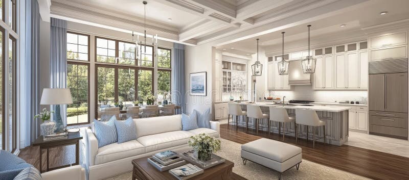 An Open-concept Living Room and White Kitchen with Luxurious Interior Design Stock Photo - Image ...
