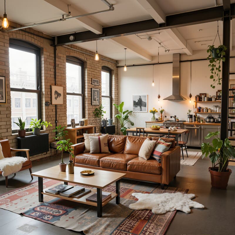 Open-concept Loft with Brick Walls Stock Image - Image of loft, sofa ...