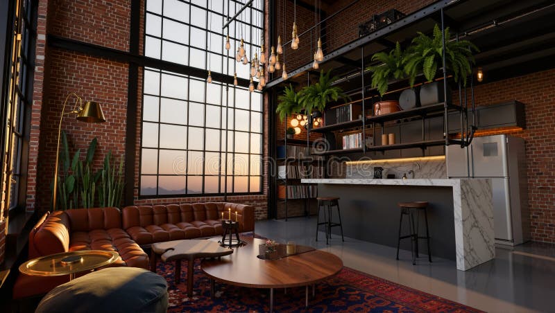 Open-concept Loft with Brick Walls Stock Photo - Image of urban ...