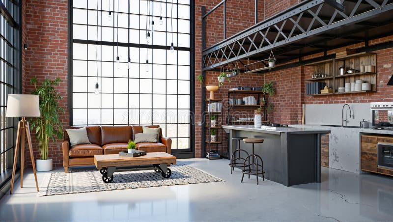 Open-concept Loft with Brick Walls Stock Image - Image of large, sofa ...