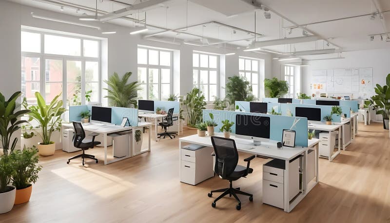 Open Concept Office Space with Desks and Natural Light Stock ...