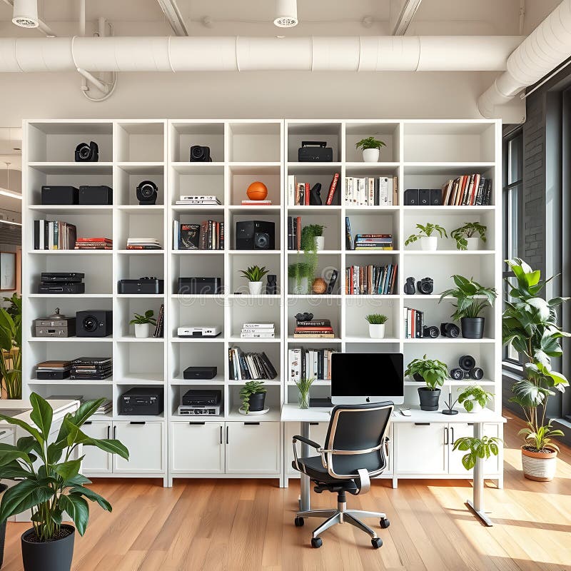 Open Concept Office Space with a Large White Shelving Unit Displaying ...