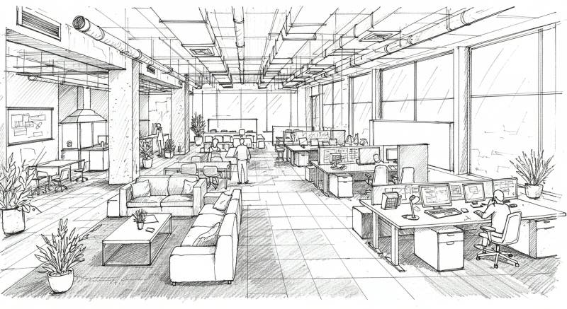 Open-concept Office Space in Sketch Style, Featuring Large Windows and ...