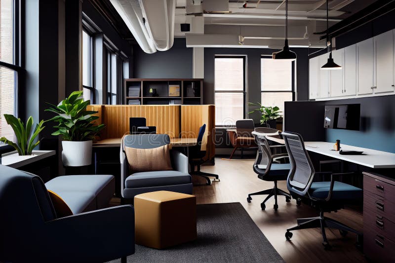 Open-concept Office with a Variety of Seating Options for Different ...