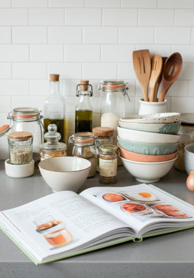 Open Cookbook with Ingredients and Kitchen Utensils on Modern ...