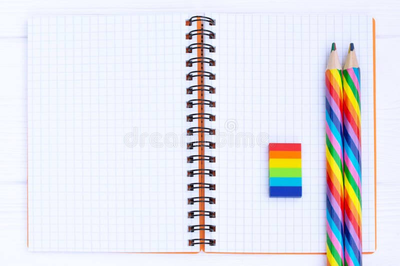 Open Copybook with Writing Hand on Table, Top View Stock Image - Image ...