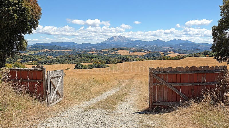 Open Country Gate, Dirt Road, Mountain View, Sunny Day Stock ...