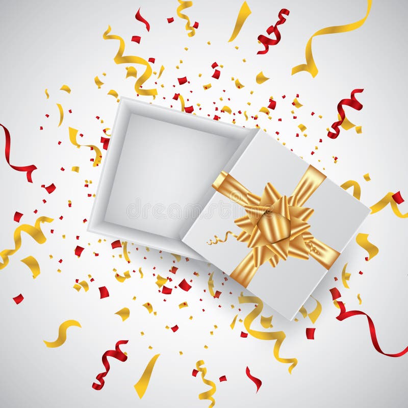 Open 3d Realistic Gift Box with Gold Ribbon and Confetti. Vector ...