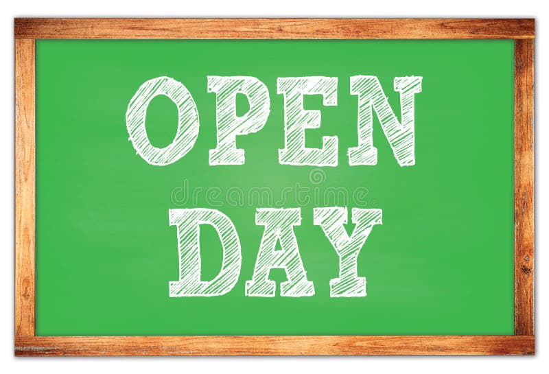 OPEN DAY Words on Green Wooden Frame School Blackboard Stock ...