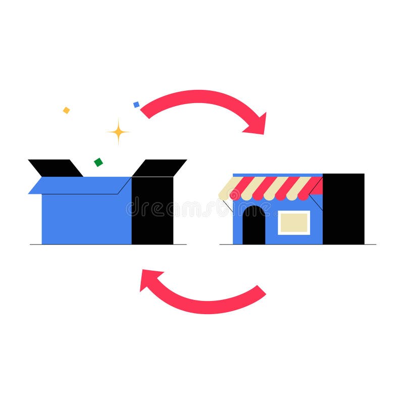 Open Delivery Box and Retail Shop Connected by Arrows in Flat Vector ...
