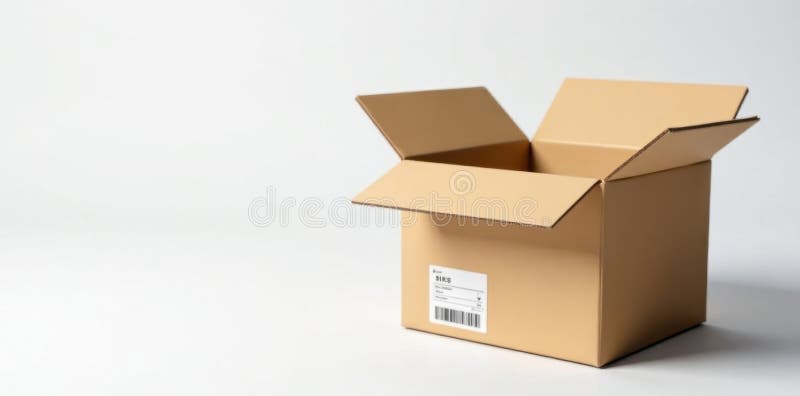 Open Delivery Box with Tracking Label on White Background, Scan, Fast ...