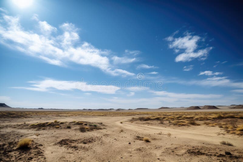 Open Desert with Clear Blue Sky and Clouds in the Background Stock ...