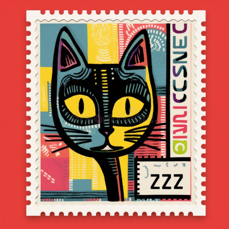 Colorful Cubist Cat Stamp with Distinctive Character Design Stock ...