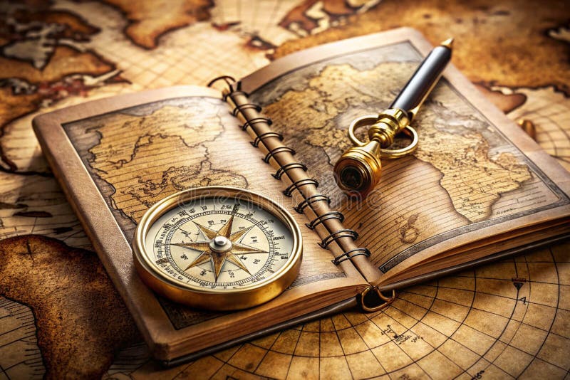 Open Diary Over Old Treasure Map with Compass Stock Illustration ...