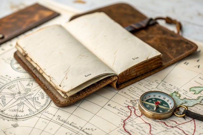 Open Diary Over Old Treasure Map with Compass Stock Illustration ...