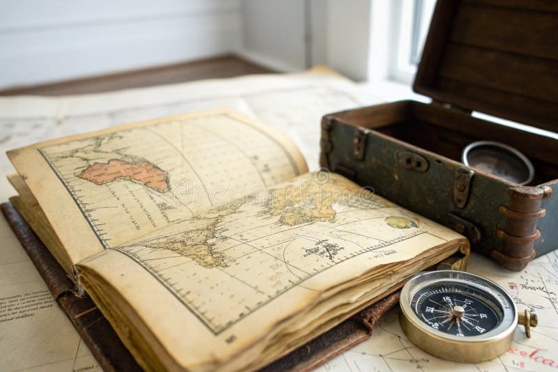 Open Diary Over Old Treasure Map with Compass Stock Illustration ...