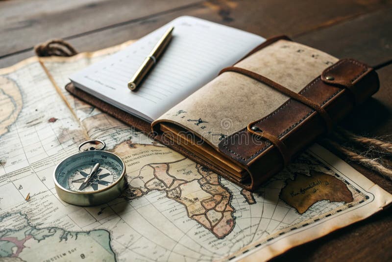 Open Diary Over Old Treasure Map with Compass Stock Illustration ...
