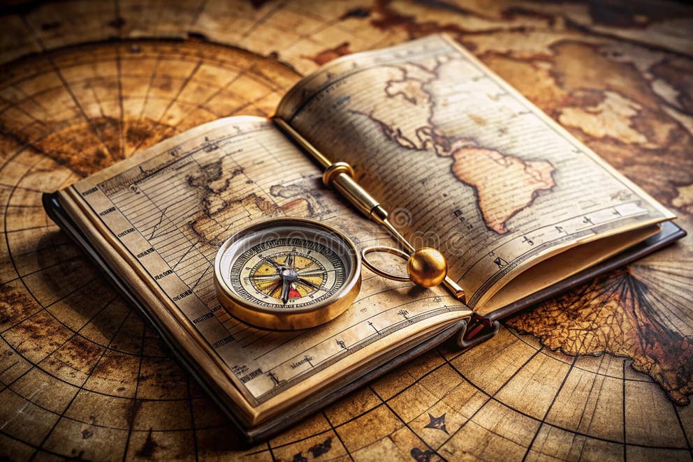 Open Diary Over Old Treasure Map with Compass Stock Illustration ...