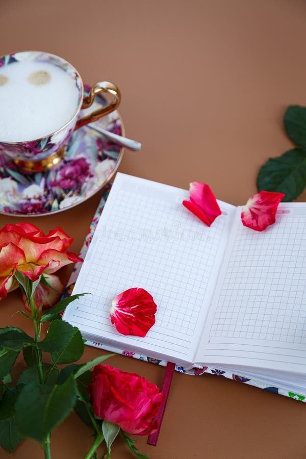 An Open Diary with Rose Petals and a Fragrant Drink Stock Image - Image ...