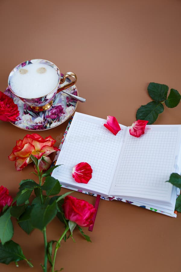 An Open Diary with Rose Petals and a Fragrant Drink Stock Image - Image of morning, grid: 398082953