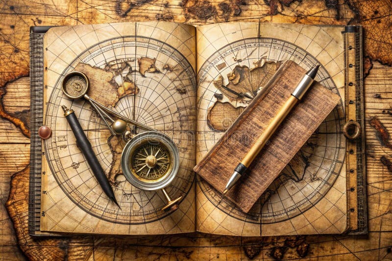 Open Diary Top View with Old Treasure Map, Ruler, and Compass Stock ...