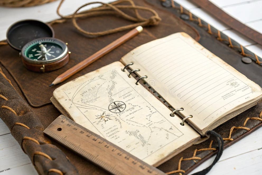 Open Diary Top View with Old Treasure Map, Ruler, and Compass Stock ...