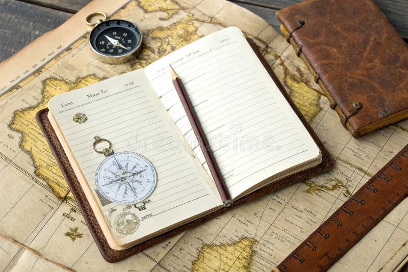 Open Diary Top View with Old Treasure Map, Ruler, and Compass Stock ...