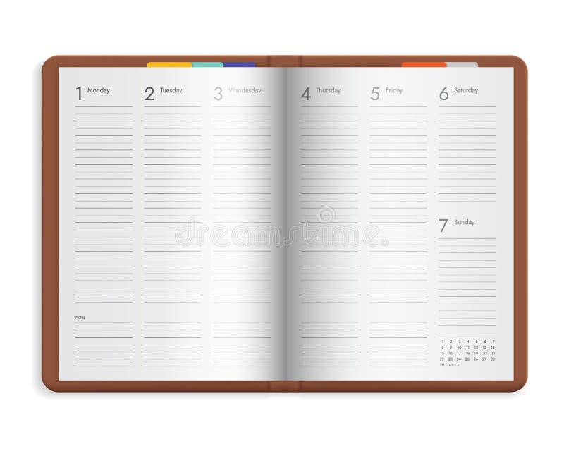 Open Diary with Weekly Calendar in Brown Hardcover Stock Vector ...