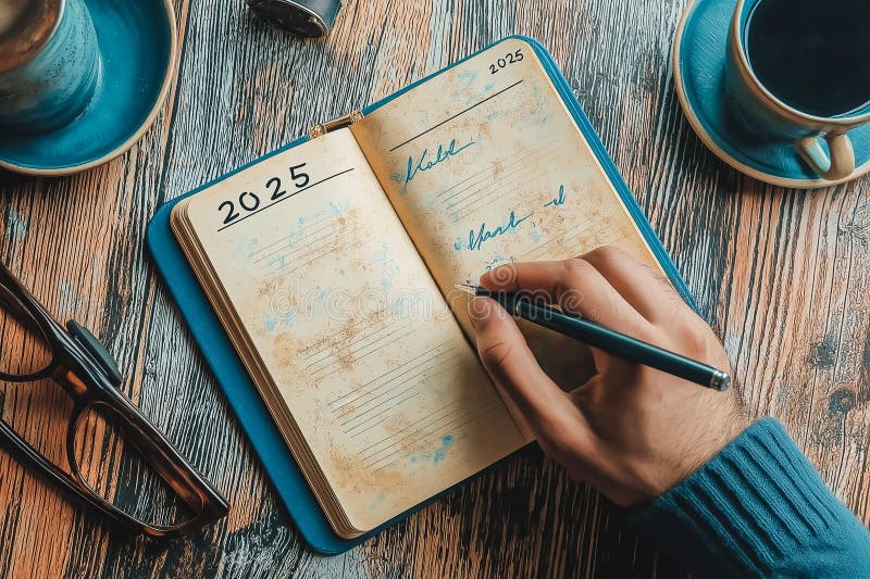 An Open Diary with 2025 Written at the Top Center. the Man Makes a Plan ...