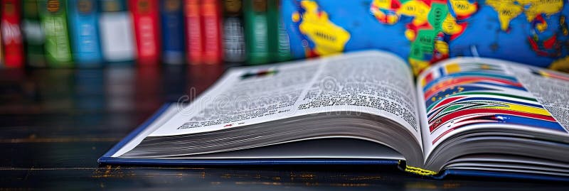 An Open Dictionary with Flags on a Table beside a Globe Stock Photo ...