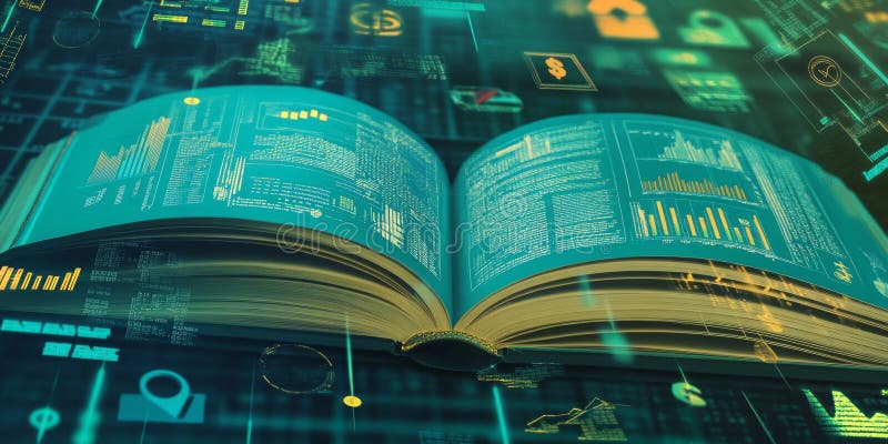 An Open Digital Book with Glowing Pages Displays Dynamic Data and ...