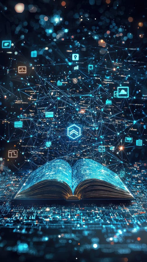 Open Digital Book with Network of Glowing Data Stock Image - Image of ...
