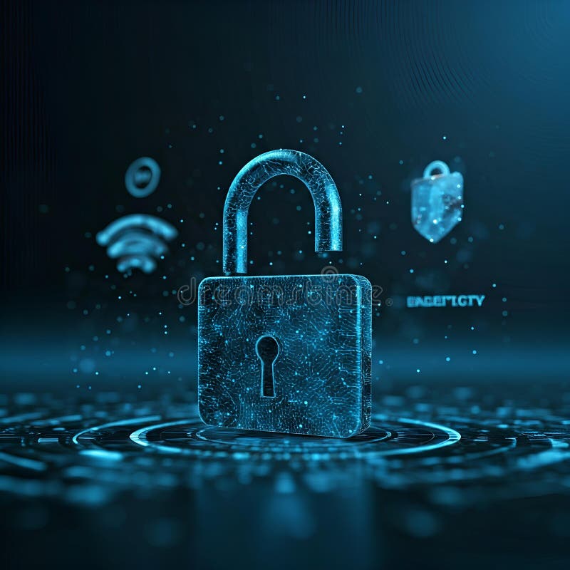 Open Digital Padlock with Security Icons on Bright Tech Background ...