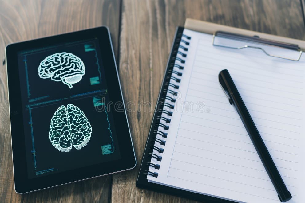Open Digital Tablet Displaying Brain Imagery beside a Notepad Stock ...
