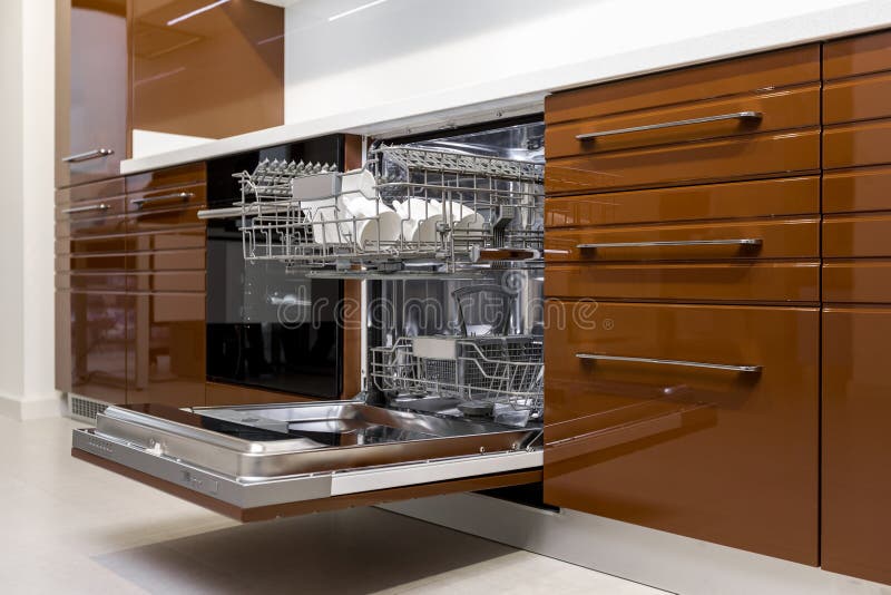 Open Dish Washing Machine Installed on a Kitchen Stock Photo - Image of ...