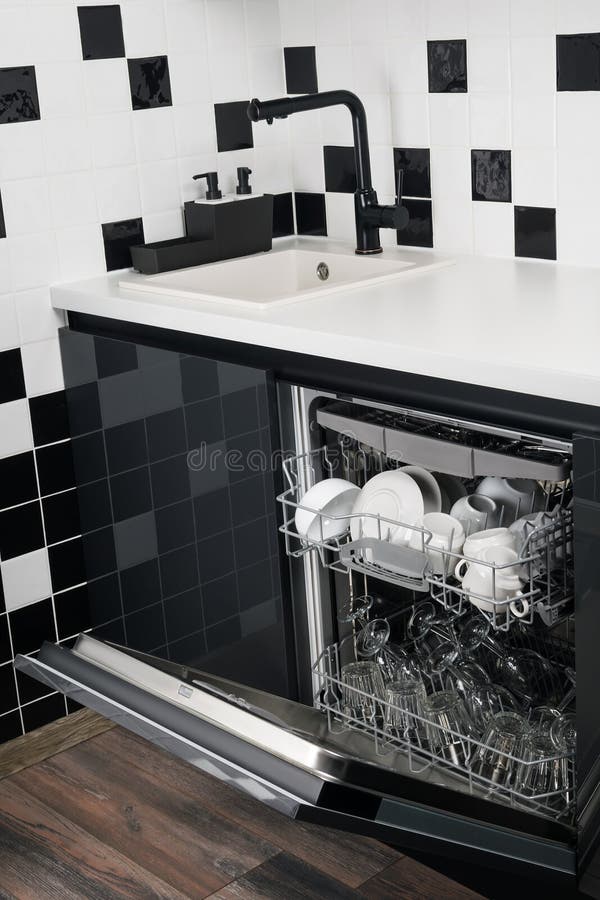 Open Dishwasher at the Bottom of the Kitchen Stock Photo - Image of ...
