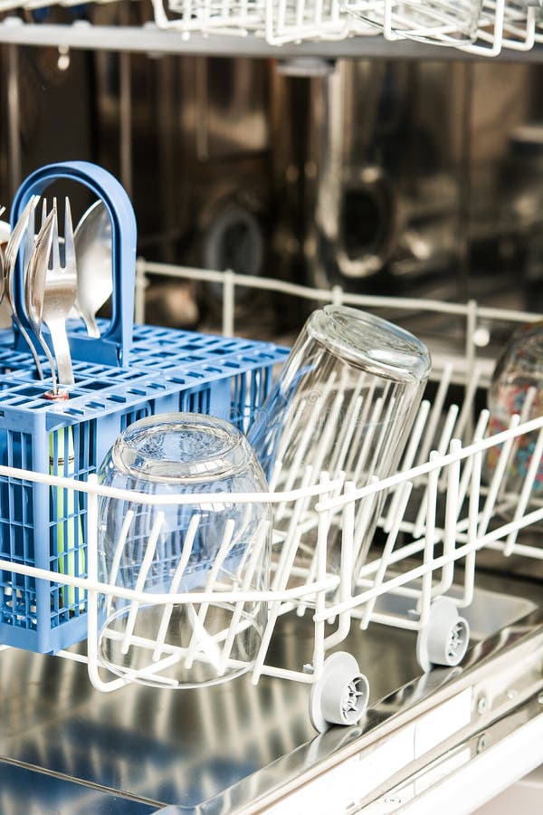 Clean Crockery Stacked in Modern Dishwasher, Stainless Steel Machinery ...