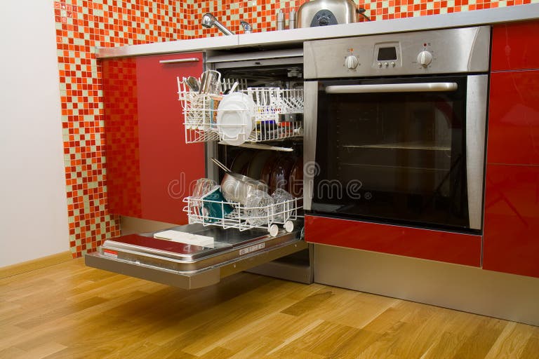 Open Dishwasher with Clean Dishes Stock Photo - Image of inside ...