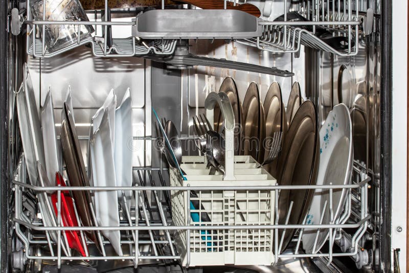 Open Dishwasher with Clean Dishes after Washing, Front View Stock Image ...