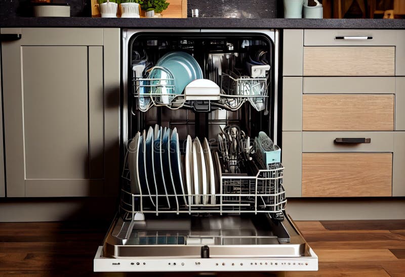 Open Dishwasher with Clean Dishes Inside in Kitchen. Generate Ai Stock ...
