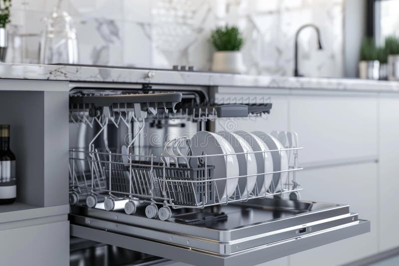 Open Dishwasher with Clean Dishes in Modern Kitchen Stock Photo - Image ...