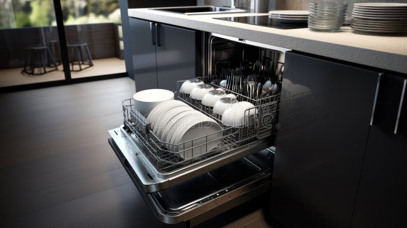 Open Dishwasher with Clean Dishes in a Modern Kitchen. Generative AI ...